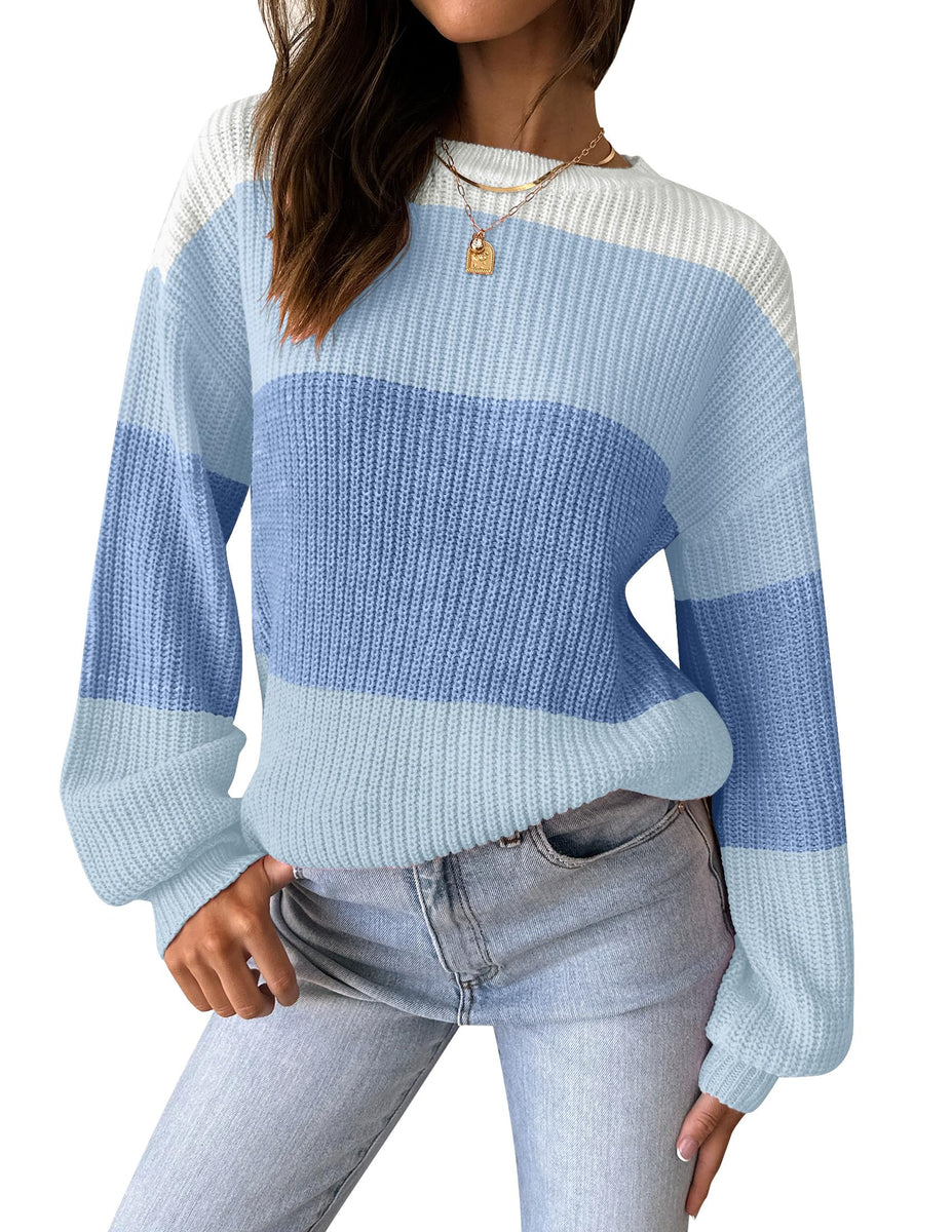 Zesica Long Sleeve Crew Neck Striped Color Block Oversized Sweater Zesica